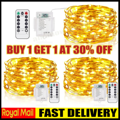 Battery LED String Rice Lights Copper Wire Remote Control Timer 50/100 ...