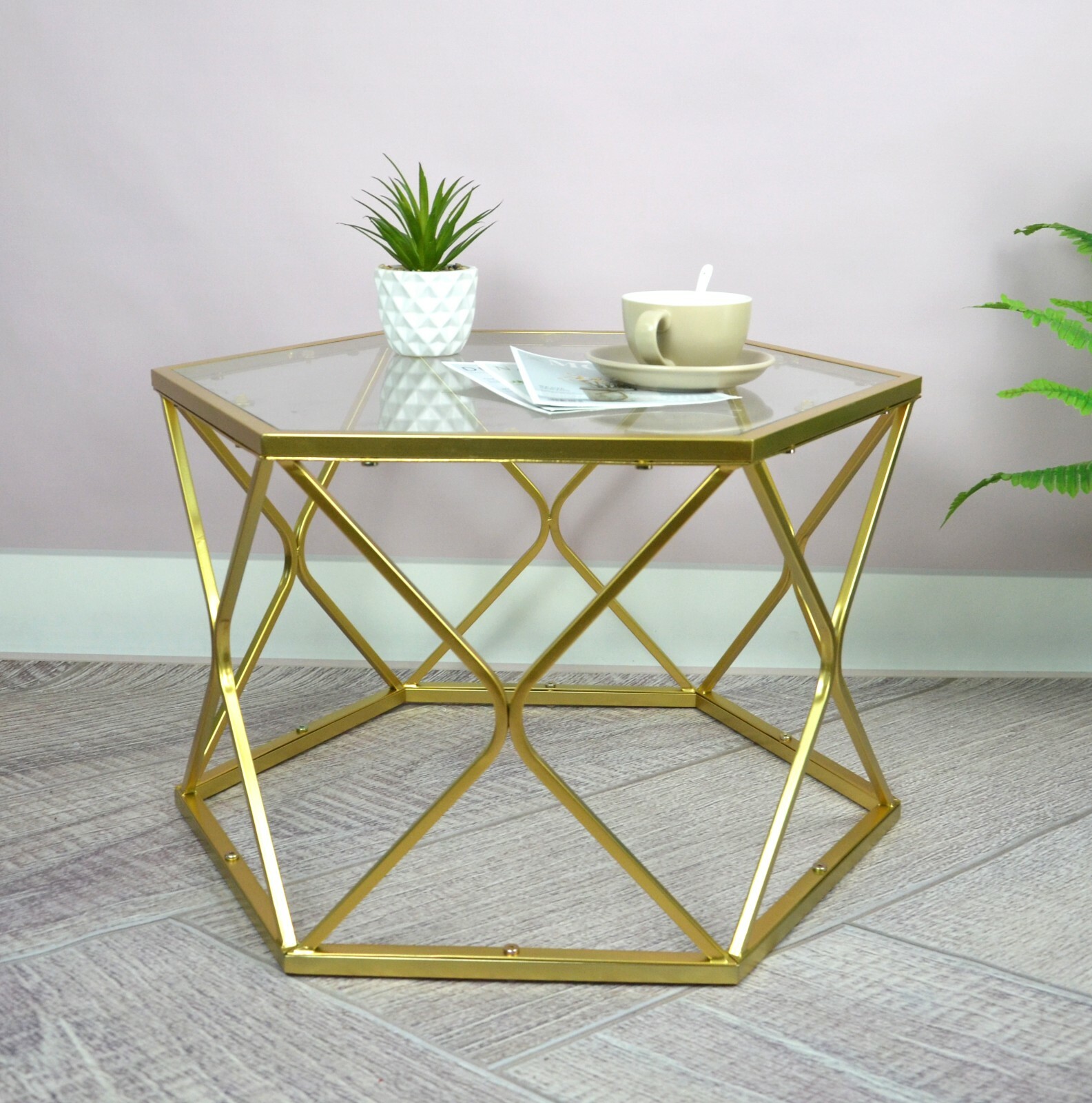 Hexagon Glass Coffee Table for Living Room with Golden Metal Frame ...