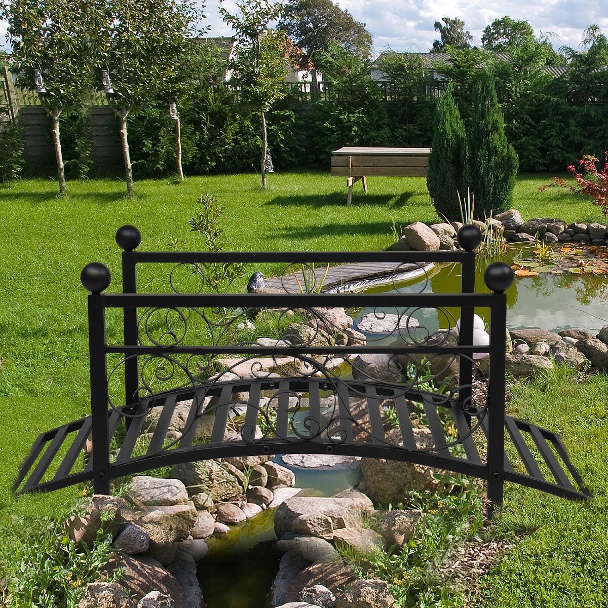 Outdoor Metal Garden Bridge with Security Guardrail for Patio Pond ...