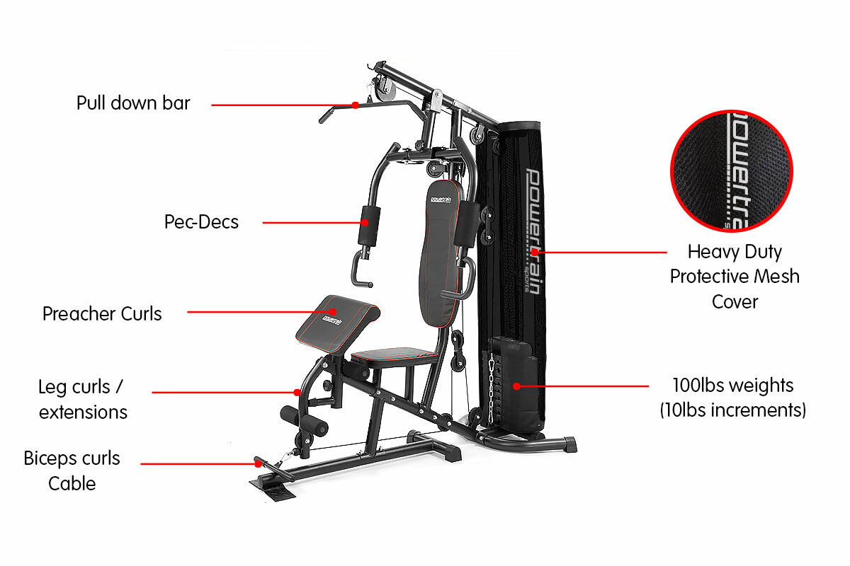 Powertrain Multi Station Home Gym - 45kg with Preacher Curls Exercise ...