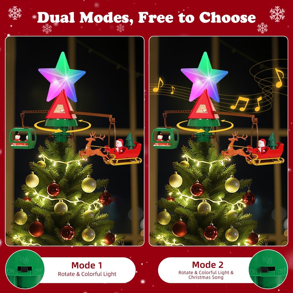 Christmas Tree Topper with Rotating Animated Santa Deer Sled and Snowman Cabl... 732133585870| eBay