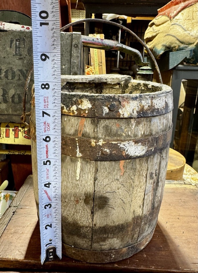 Primitive Small Antique Wooden Paint Pail Barrel Bucket Metal Bands ...