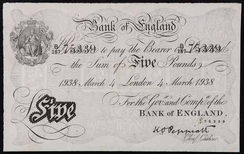 GREAT BRITAIN £5 4-3-1938 sig Peppiatt London Operation Bernhard ...