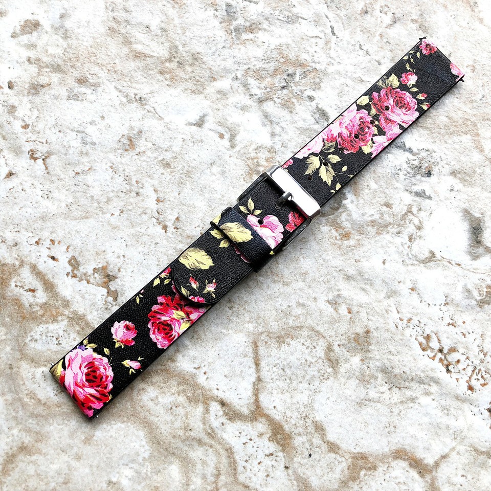 18mm Black and Red Floral (FL-5) Soft Leather Band Strap for Wrist Hand ...