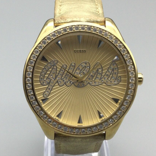Guess Watch Women 45mm Gold Tone Bling Logo Sunburst Dial Leather New ...