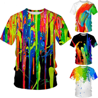 Paint Splash Round Neck 3D womens/mens Short Sleeve T-Shirt Casual Tops ...