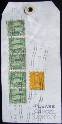 US, RARE USE OF FIVE 25 CENT STAMPS, SCOTT #699 ON POSTAL SHIPPING TAG ...