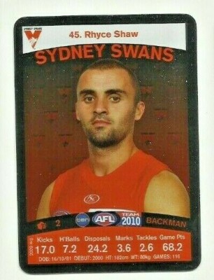 2010 Teamcoach SILVER SYDNEY SWANS RHYCE SHAW # 45 CARD AFL | eBay ...