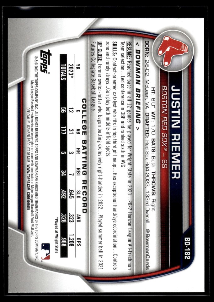 Justin Riemer 2023 Bowman Draft Sky Blue Card /499 #BDC-182 | eBay