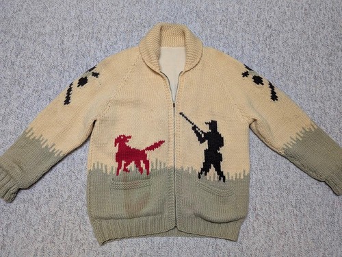 vintage COWICHAN sweater HUNTING cardigan 2XL wool knit 1950s handmade ...