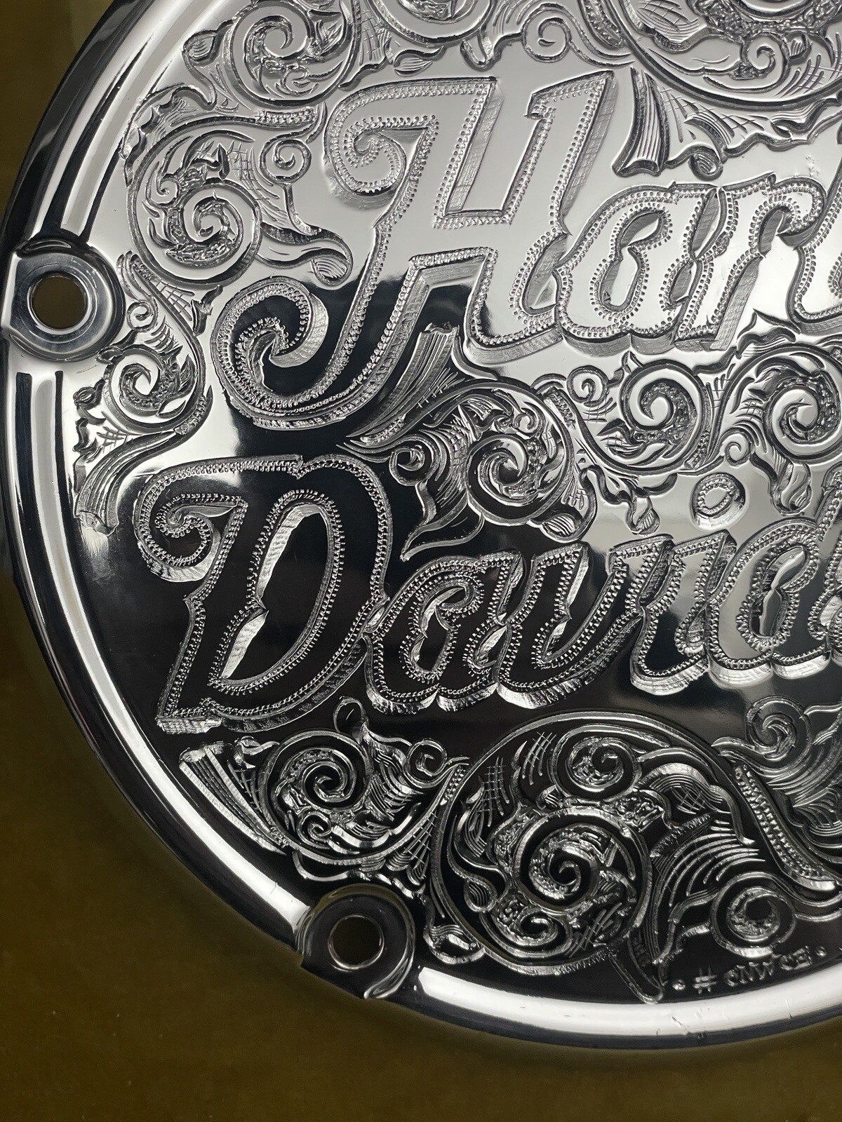 HARLEY DAVIDSON CHROMED CUSTOM HAND ENGRAVED 5 HOLE DERBY COVER 6 & 3/ ...