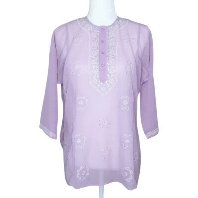 DKNY Womens Beaded Sheer Popover Top Crew Neck Casual Boho Purple S 4 ...