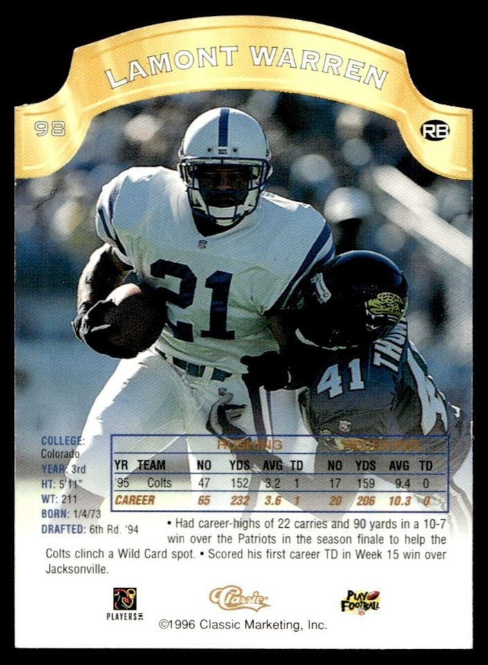 1996 PRO LINE DC III LAMONT WARREN INDIANAPOLIS COLTS #98 | eBay