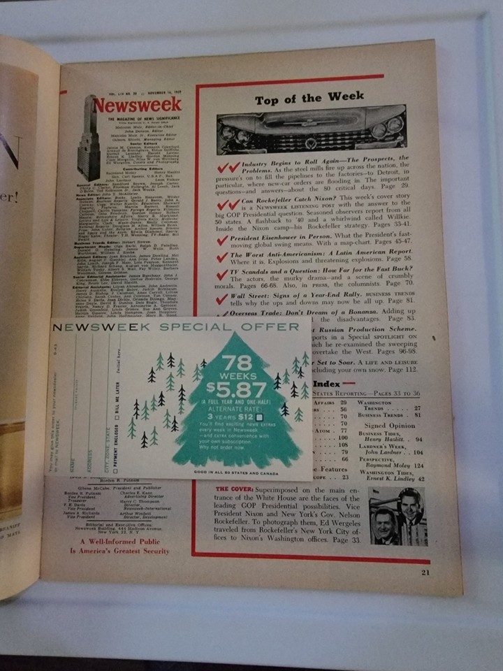 Newsweek Magazine – November 16, 1959 – Nelson Rockefeller vs. Richard ...