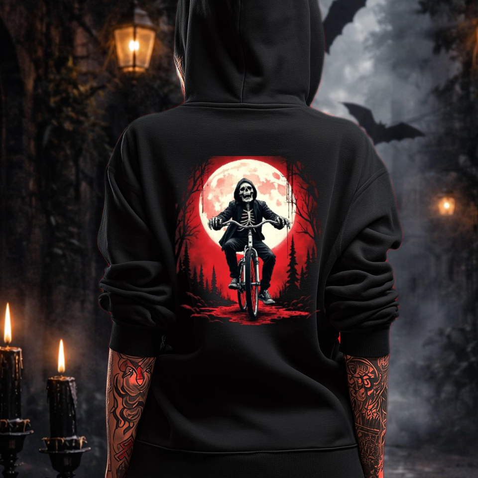 Hoodie Skeleton Riding Bicycle Bicycle Blood Moon Gothic Unisex Sweater ...