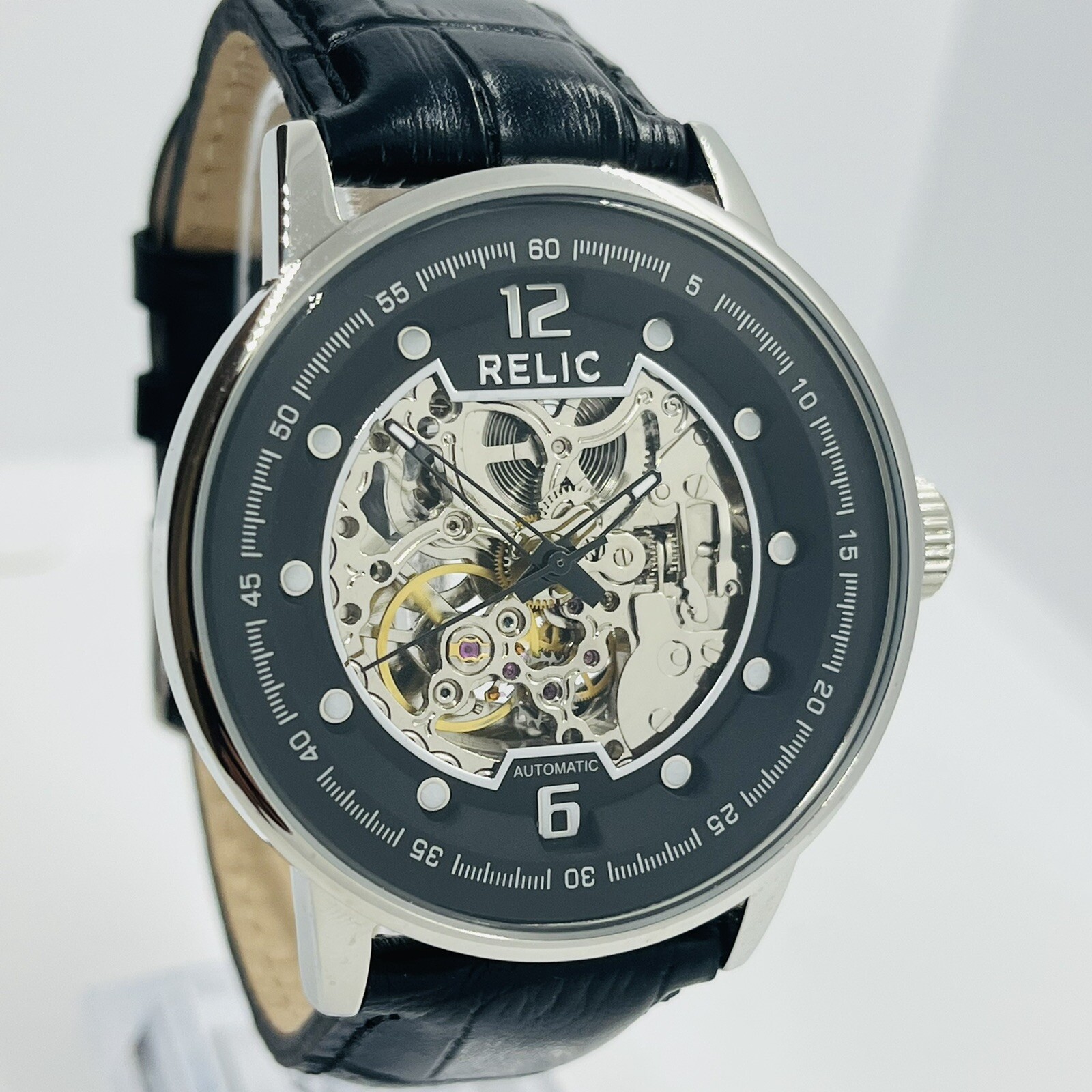 Relic by Fossil Men’s Automatic Skeleton Dial Leather 43mm Steel Watch ...