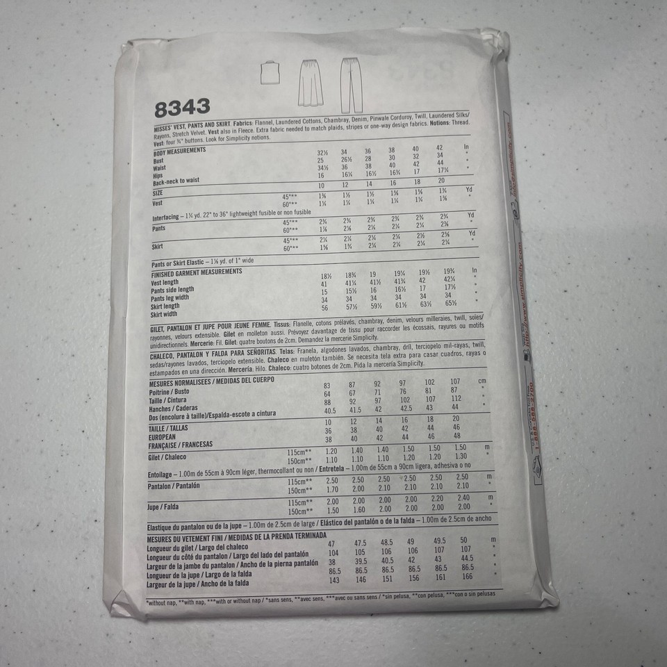 Vintage Simplicity Pattern 8343 Misses Vest, Pants and Skirt Size 10-20 ...