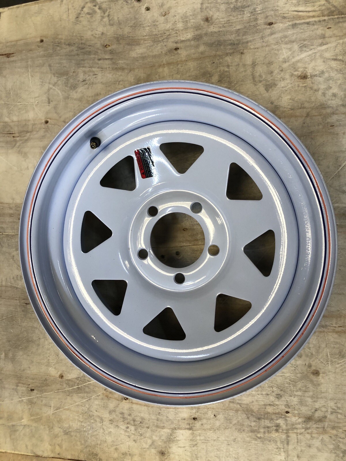 WAG Trailer Wheel 15X6 5X4.5 8 spoke, white w/ red & blue STR | eBay