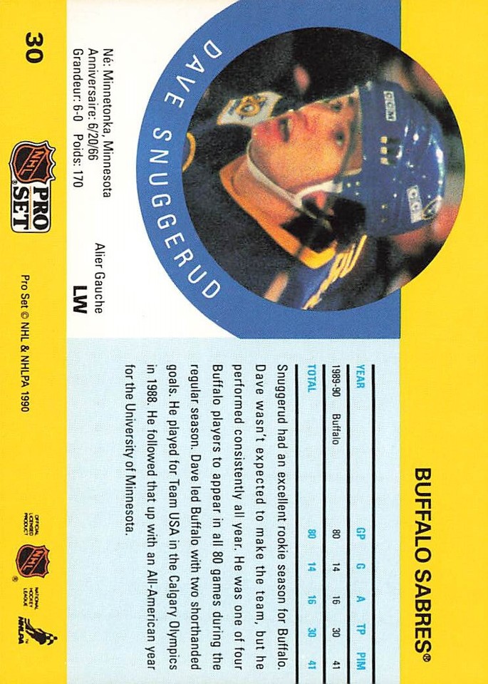 Dave Snuggerud 1990 Pro Set #30 Buffalo Sabres | eBay