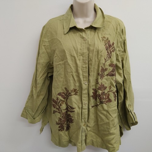 JM Collection Top Womens Size 16 Green Linen Blouse Button Up Flowy ...