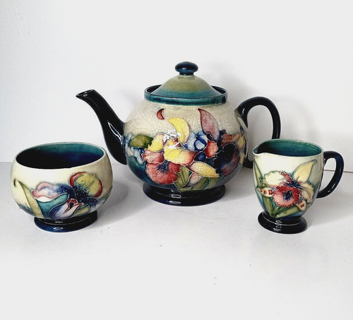 Antique Moorcroft Pottery Rare Tea Set Teapot Cups Orchids England ...