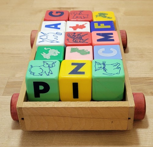 Vintage Plastic Rattle Blocks In Wooden Wagon Toy | eBay