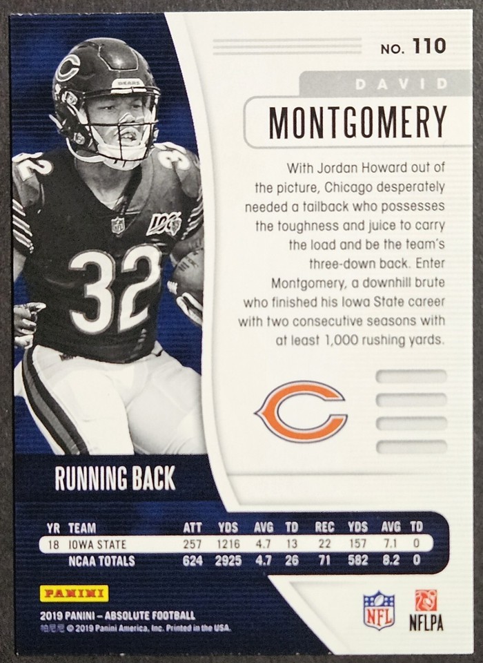 2019 Panini Absolute #110 David Montgomery Rookie RC Chicago Bears ...