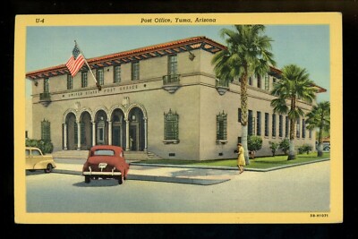 Post Office postcard Arizona AZ Yuma flag cars trees woman columns ...