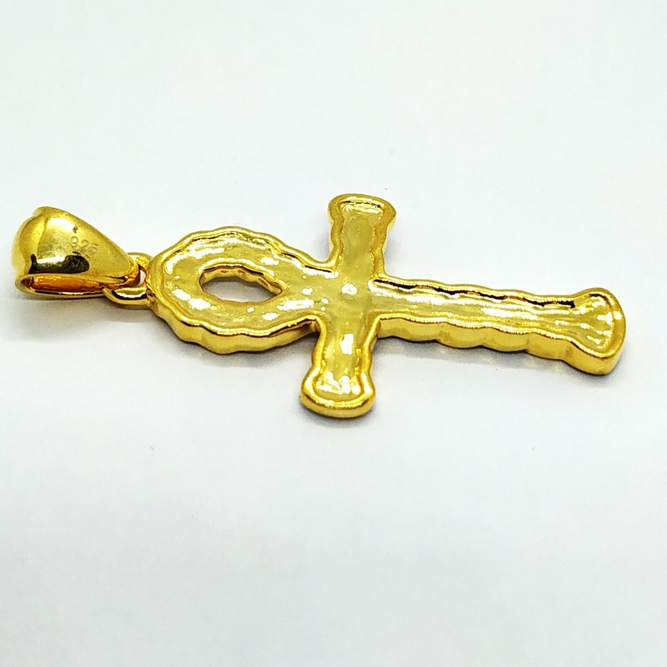 14K Yellow Gold Plated Diamond Cut Miami Cuban Link Border Ankh Cross ...