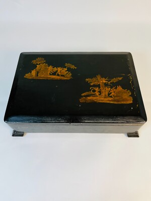 Beautiful Antique Chinese Black Lacquer Box With Gold Painting ...