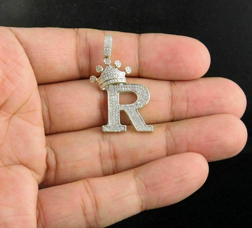 Simulated Round Diamond Initial Letter Crown R Pendant 14K Yellow Gold ...