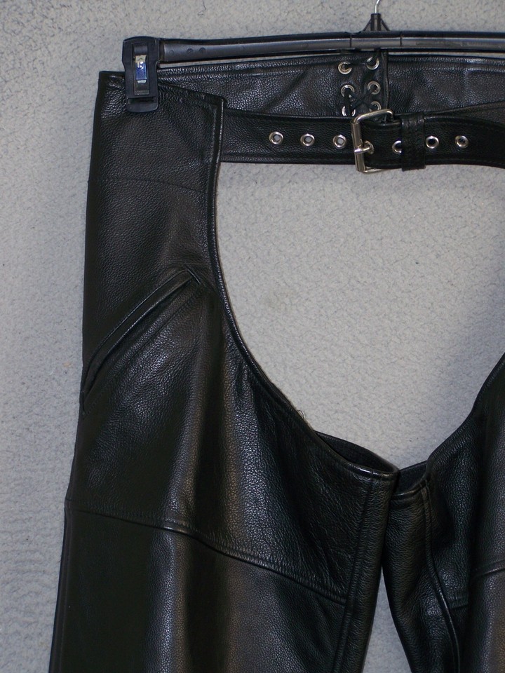 FMC Leather Chaps Adult Medium Black Zipper Snap Sides Biker Motorcycle ...