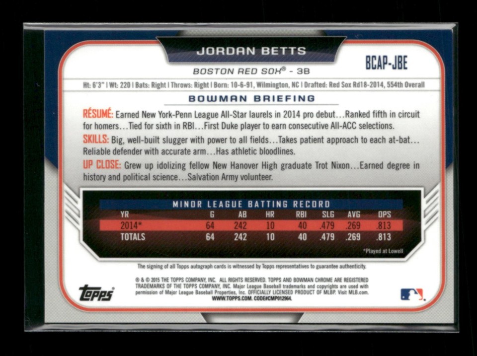 2015 Bowman #BCAP-JBE Jordan Betts Chrome Prospect Autographs Auto | eBay