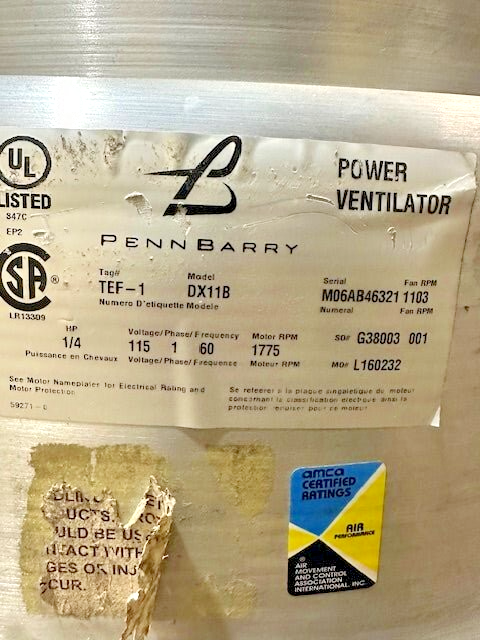 "PENNBARRY DX11B H.D COMMERCIAL ROOF TOP EXHAUST/UPBLAST FAN 115v, 1ph ...