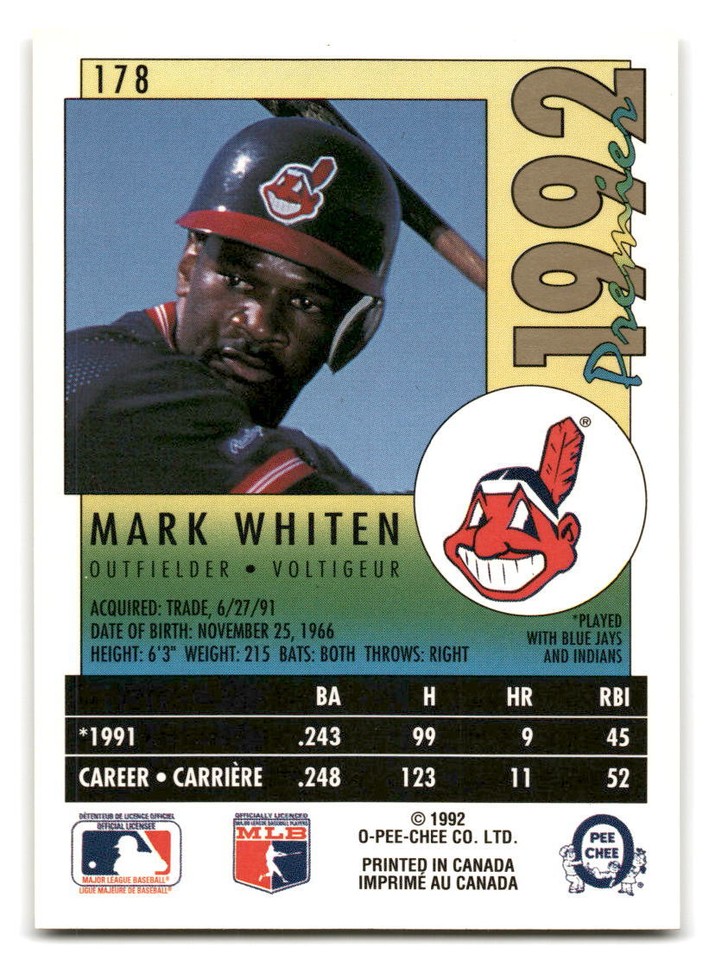 Mark Whiten 1992 O-Pee-Chee Premier Baseball #178 Cleveland Indians | eBay