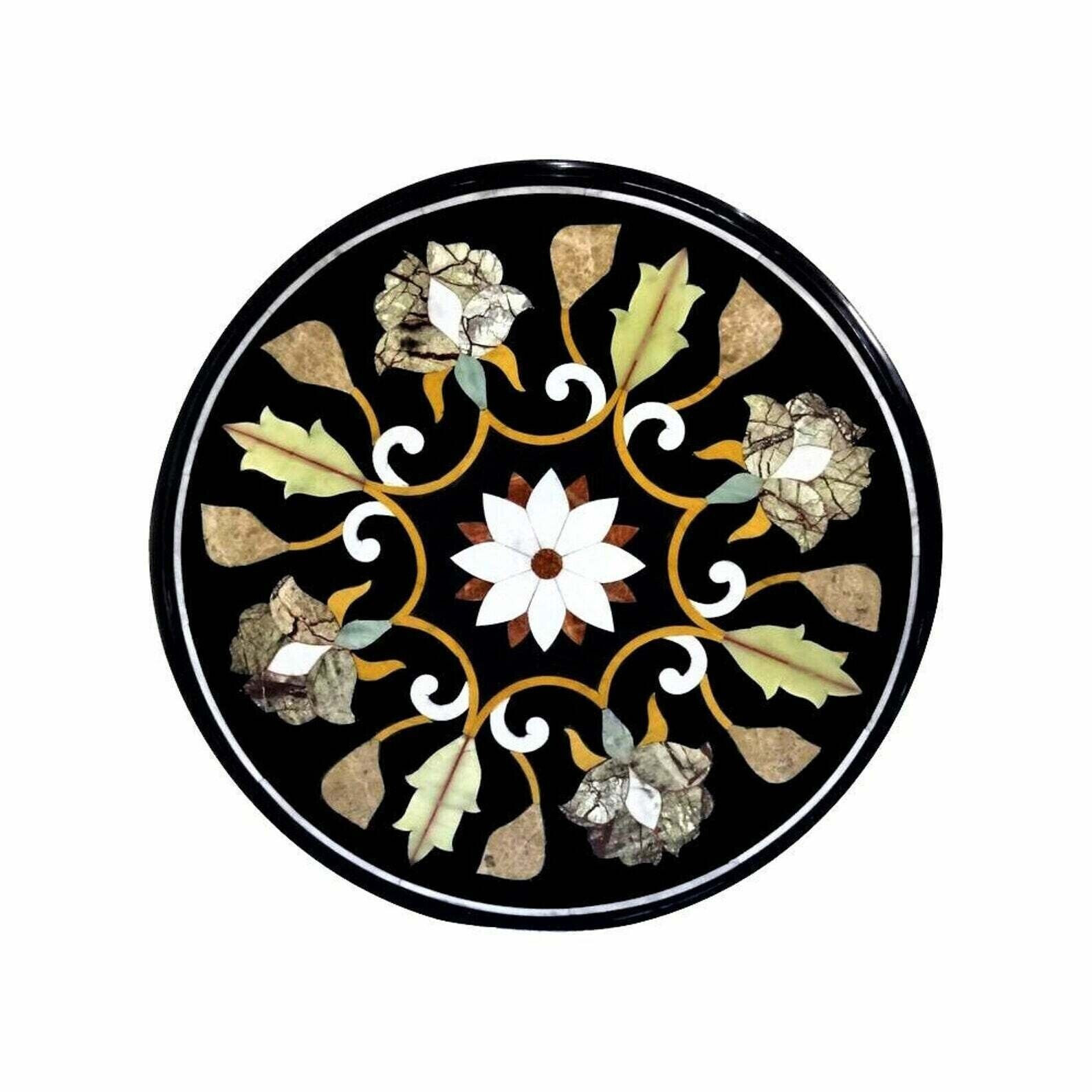 18" Black round Marble center coffee Table Top Semi Precious Stones ...