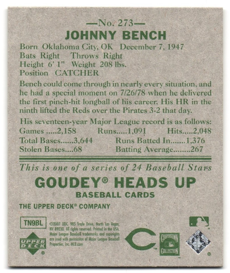 Johnny Bench 2007 Upper Deck Goudey Back Baseball Short Print card #273 ...