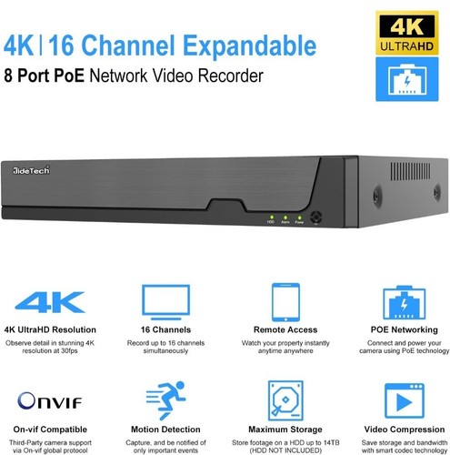 4K 8 Channel PoE NVR System (16CH Expandable) 24/7 Hard Drive ...