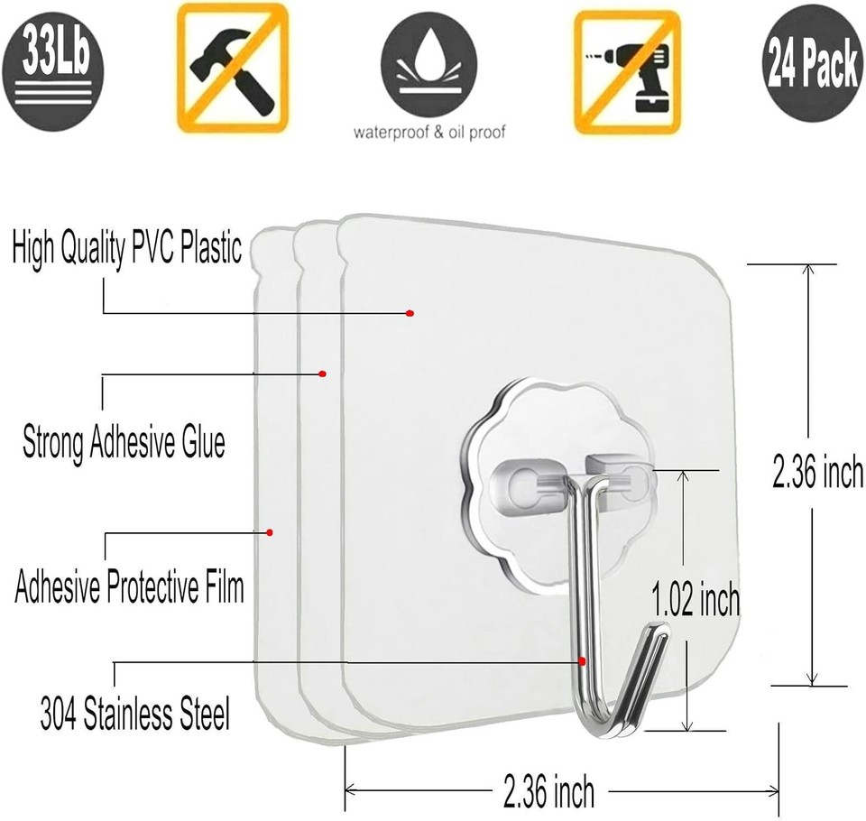 12 Pack Heavy Duty Self Adhesive Hooks - 33lb Max, 12 Pack, Clear ...