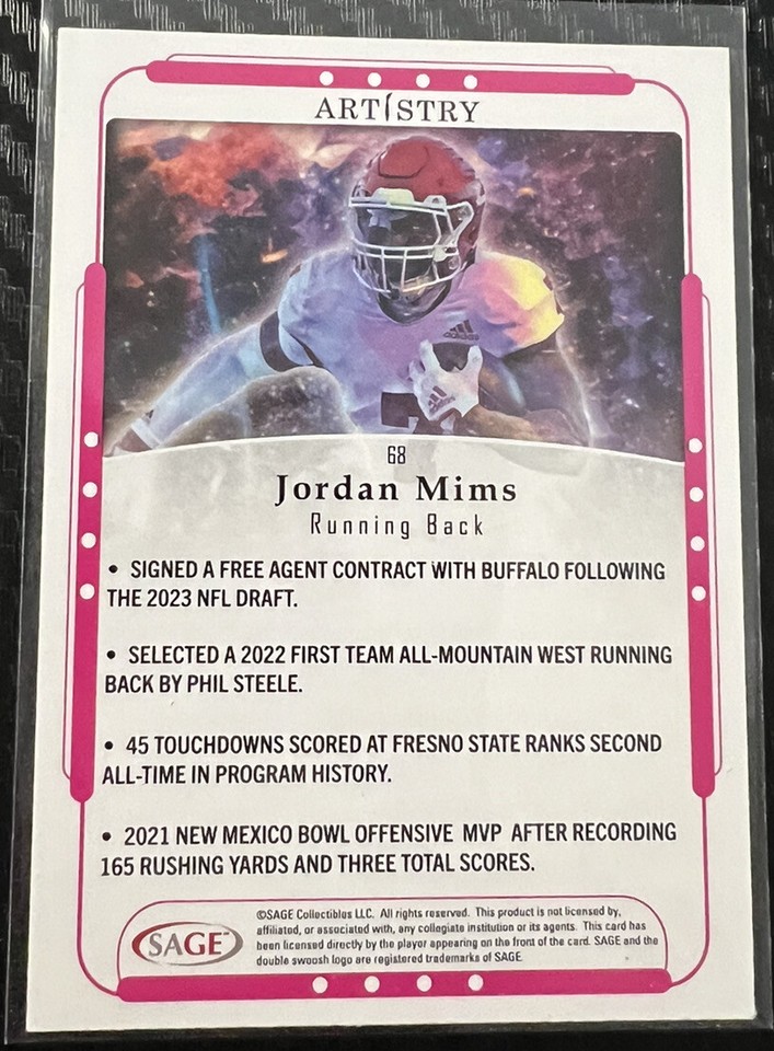 2023 Sage Artistry Football Jordan Mims Silver Rookie RC #68 New ...