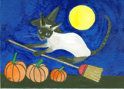 Siamese Cat witch on halloween ACEO PRINT of Original Water Color ...
