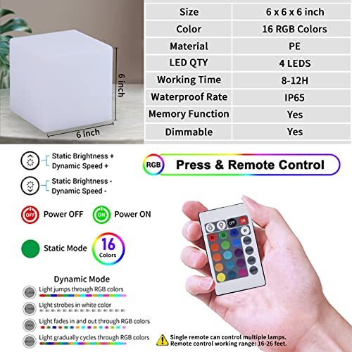 6 Inch LED Cube Night Light Mood Lamp 16 Colors for Kids Nursery and ...
