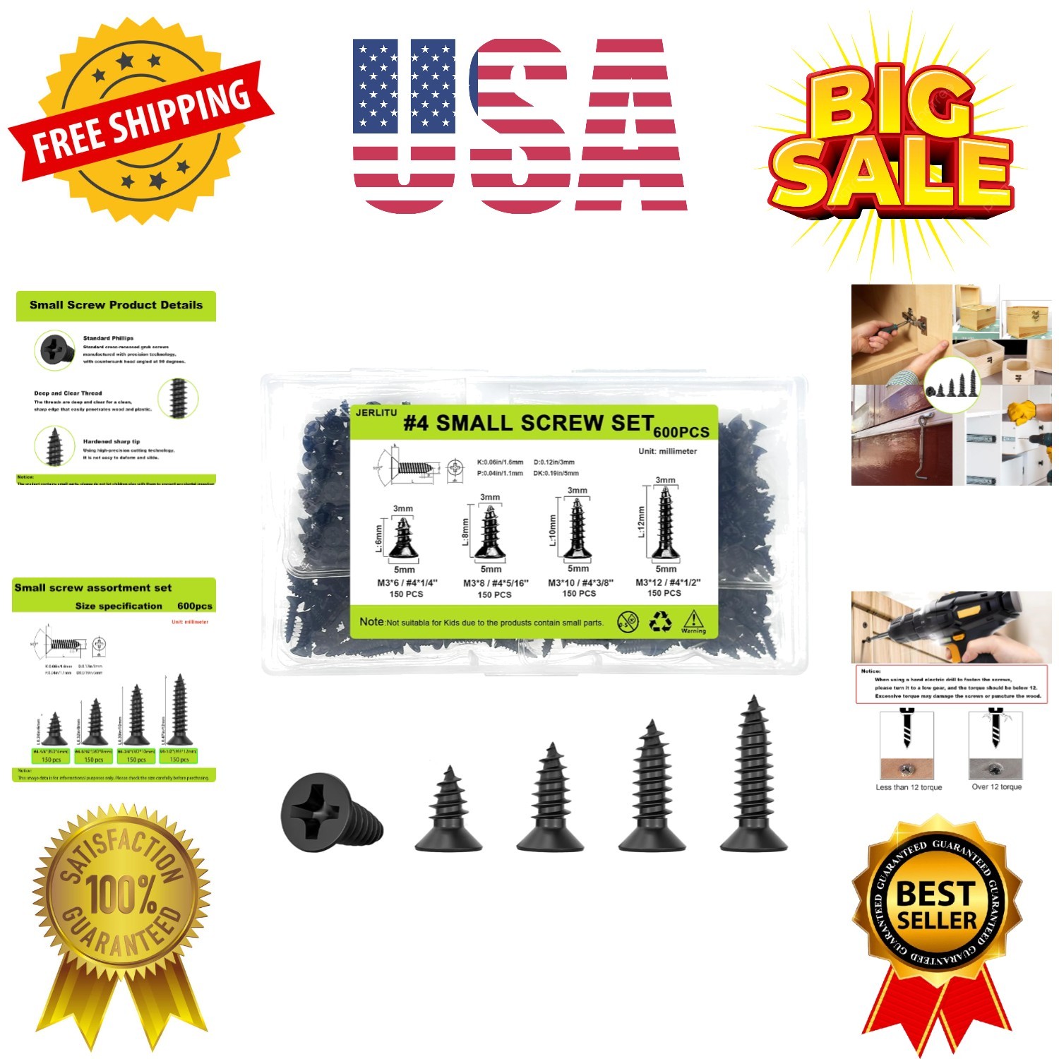 Small Wood Screws Assortment Kit - 600pcs Black Wood Screws 6/8/10/12mm ...