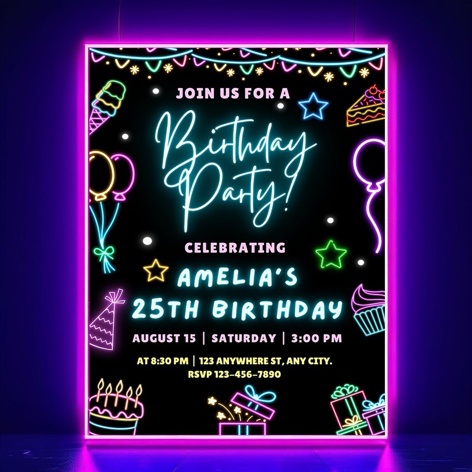 EDITABLE Neon Birthday Party Invitation Template, Glow Party Template ...