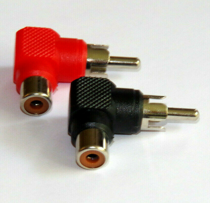 2 Right Angle 90 Degree RCA Phono Joiners Plug to Socket 1 Red 1 Black ...