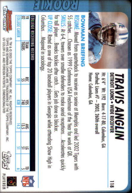 2003 Bowman Chrome Football Card #118 Travis Anglin Rookie | eBay