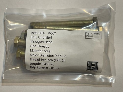 AN6-33A, Hex Head Undrilled Bolt, 10/pk, New Surplus | eBay