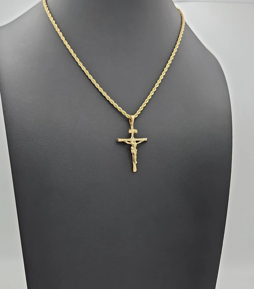 Gold Crucifix Necklace, 2mm DC French Rope Chain, 14k Heavy Plated Gold ...
