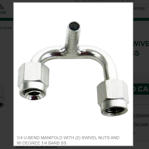 1/4 U-BEND MANIFOLD WITH (2) SWIVEL NUTS AND 90 DEGREE 1/4 BARB SS ...