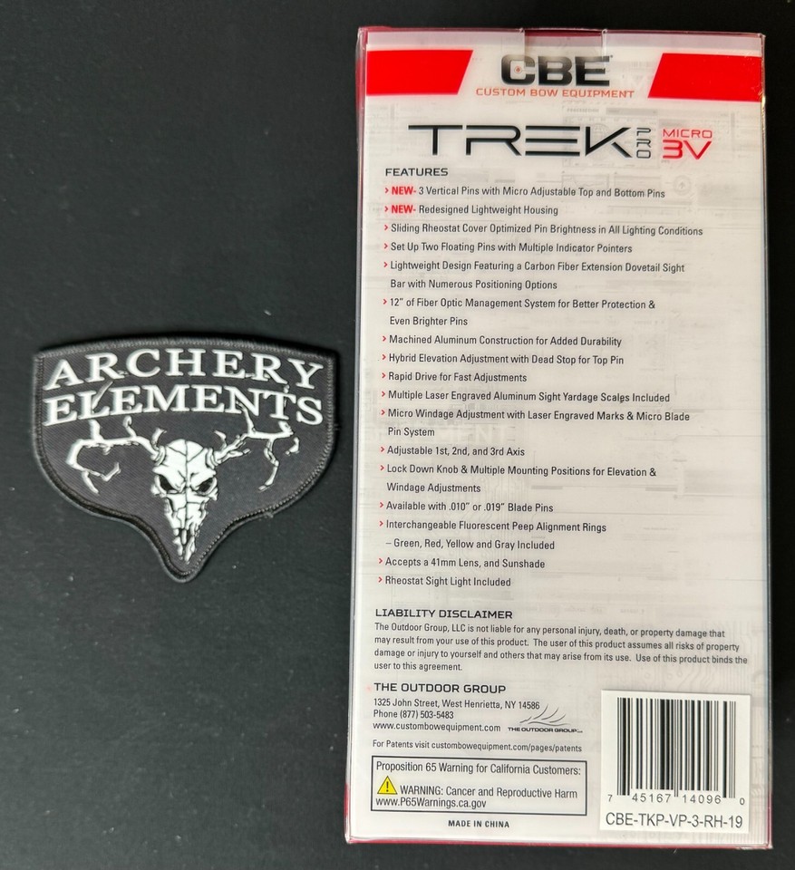 CBE Trek Pro Micro 3V .019 Archery Sight 3 Vertical Pins Right Hand New ...